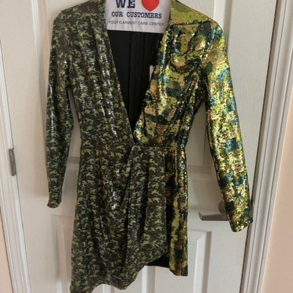 Halpern | Dresses | Womens Short Asymmetrical Green Sequins Dress ...